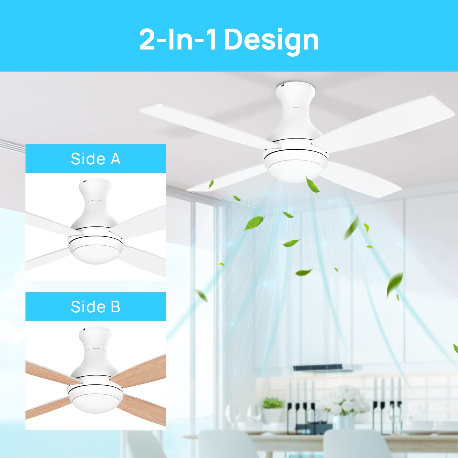 Consciot Ceiling Fan With Lights, 52 Inch Low Profile Ceiling Fan, Remote Control, Quiet Reversible DC Motor, Dimmable Tri-color Temperatures LED, 4 Double Finish Blades, Flush Mount, Indoor Only