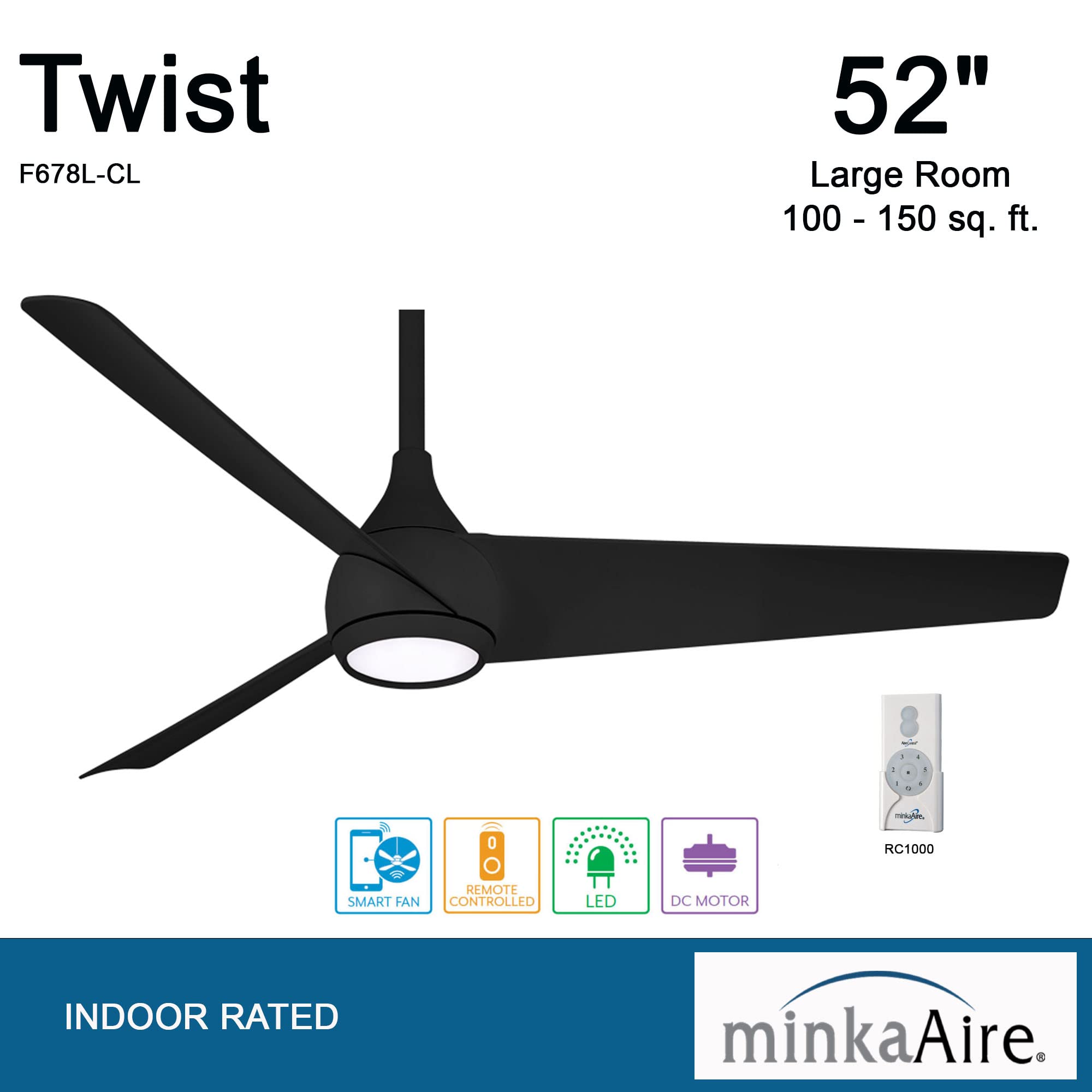 MINKA-AIRE F678L-CL Twist 52" Ceiling Fan with LED Lights and Remote Control, Coal