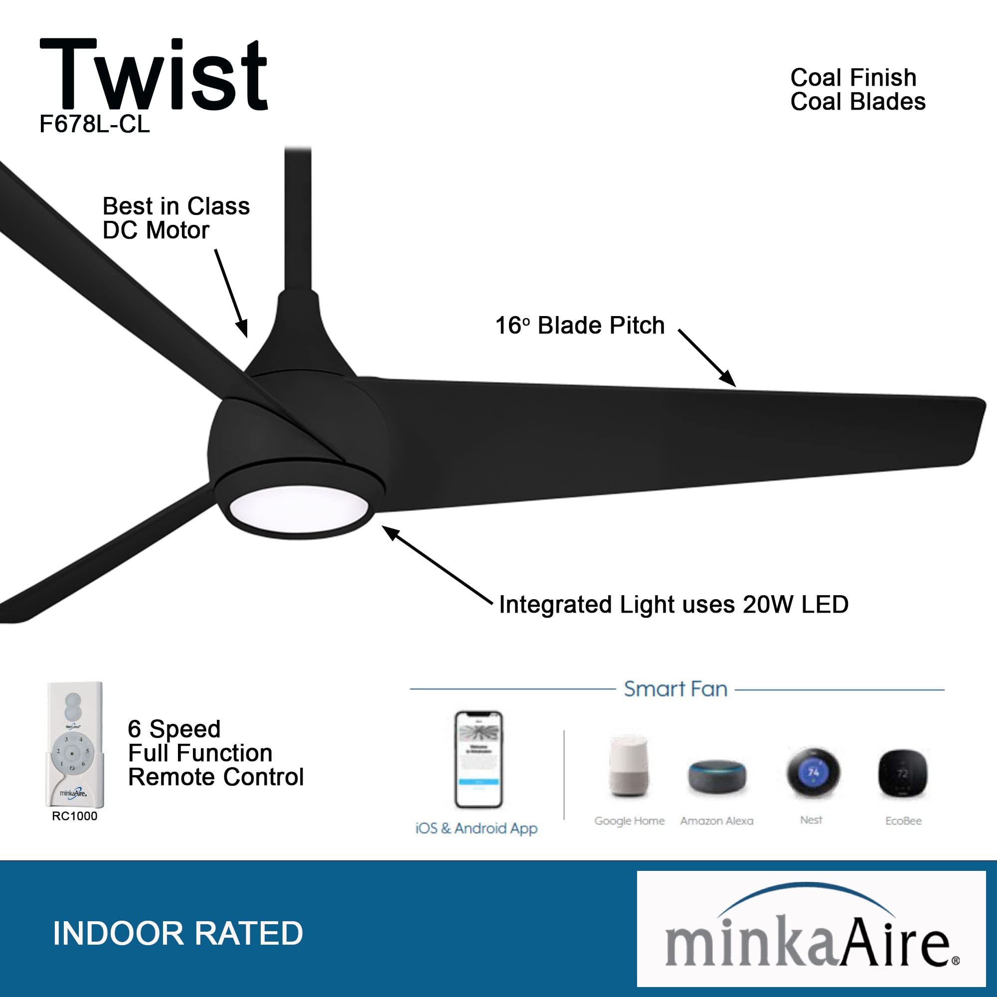 MINKA-AIRE F678L-CL Twist 52" Ceiling Fan with LED Lights and Remote Control, Coal