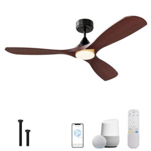 nopaard 52 inch smart wood ceiling fan with light, ceiling fans with remote, wifi alexa and app controls, reversible blades, quiet dc motor, timing, high cfm, dimmable led light, red walnut