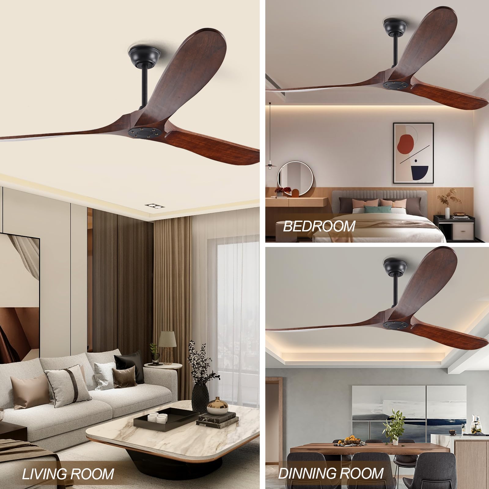 FISHMIX Large 72" Ceiling Fans without Lights, Solid Wood Ceiling Fan No Light with Remote Control Smart Indoor Outdoor Ceiling Fans for Patios, Living Room, Bedroom, Farmhouse Deep Walnut