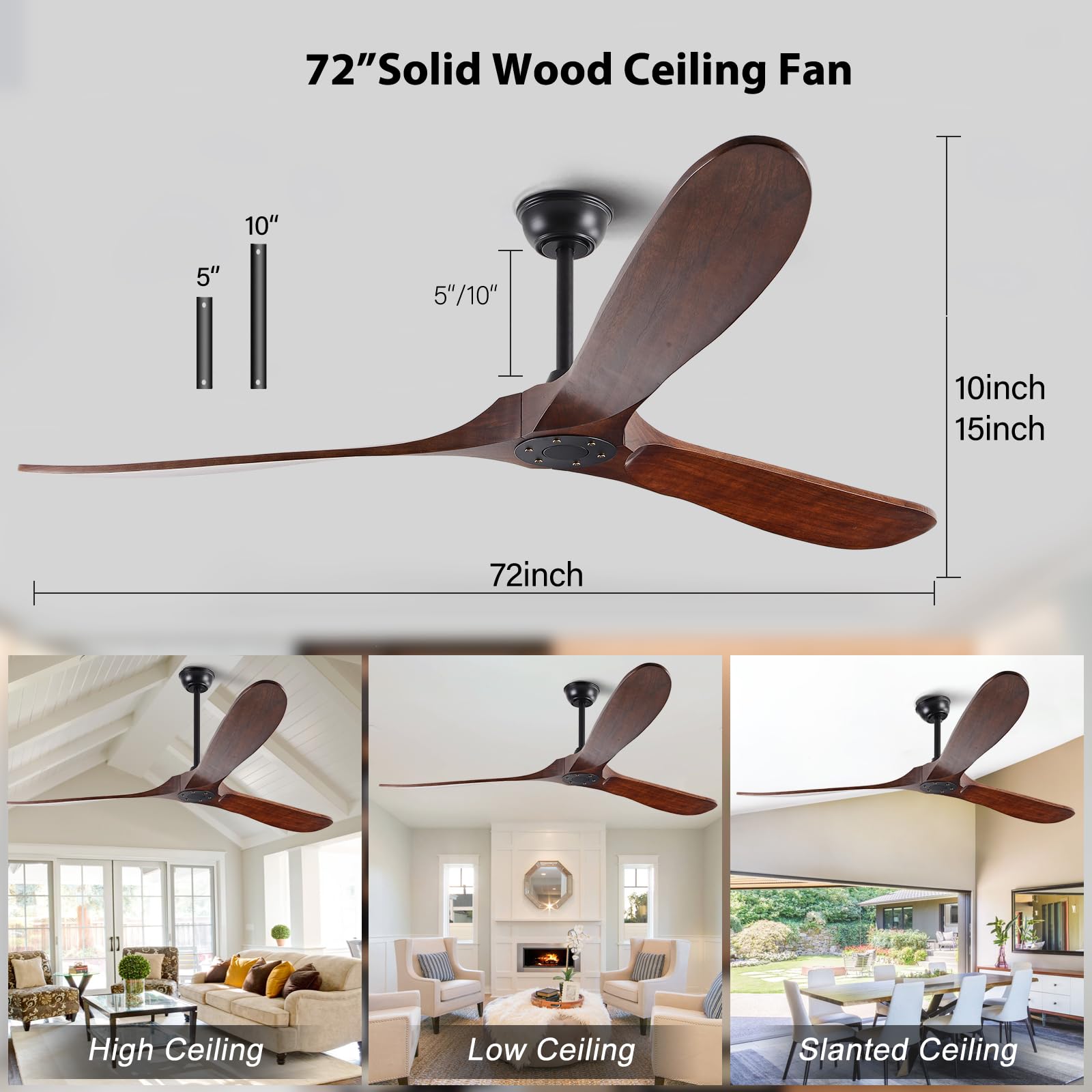 FISHMIX Large 72" Ceiling Fans without Lights, Solid Wood Ceiling Fan No Light with Remote Control Smart Indoor Outdoor Ceiling Fans for Patios, Living Room, Bedroom, Farmhouse Deep Walnut