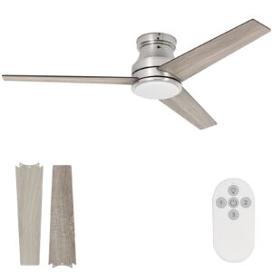 hykolity 52 inch flush mount ceiling fan with led lights(3000k/4000k/5000k) remote control, noiseless reversible motor, low profile ceiling fan, 3 speed, etl, doe, cec listed, brushed nickel