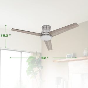 hykolity 52 inch Flush Mount Ceiling Fan with LED Lights(3000K/4000K/5000K) Remote Control, Noiseless Reversible Motor, Low Profile Ceiling Fan, 3 Speed, ETL, DOE, CEC Listed, Brushed Nickel