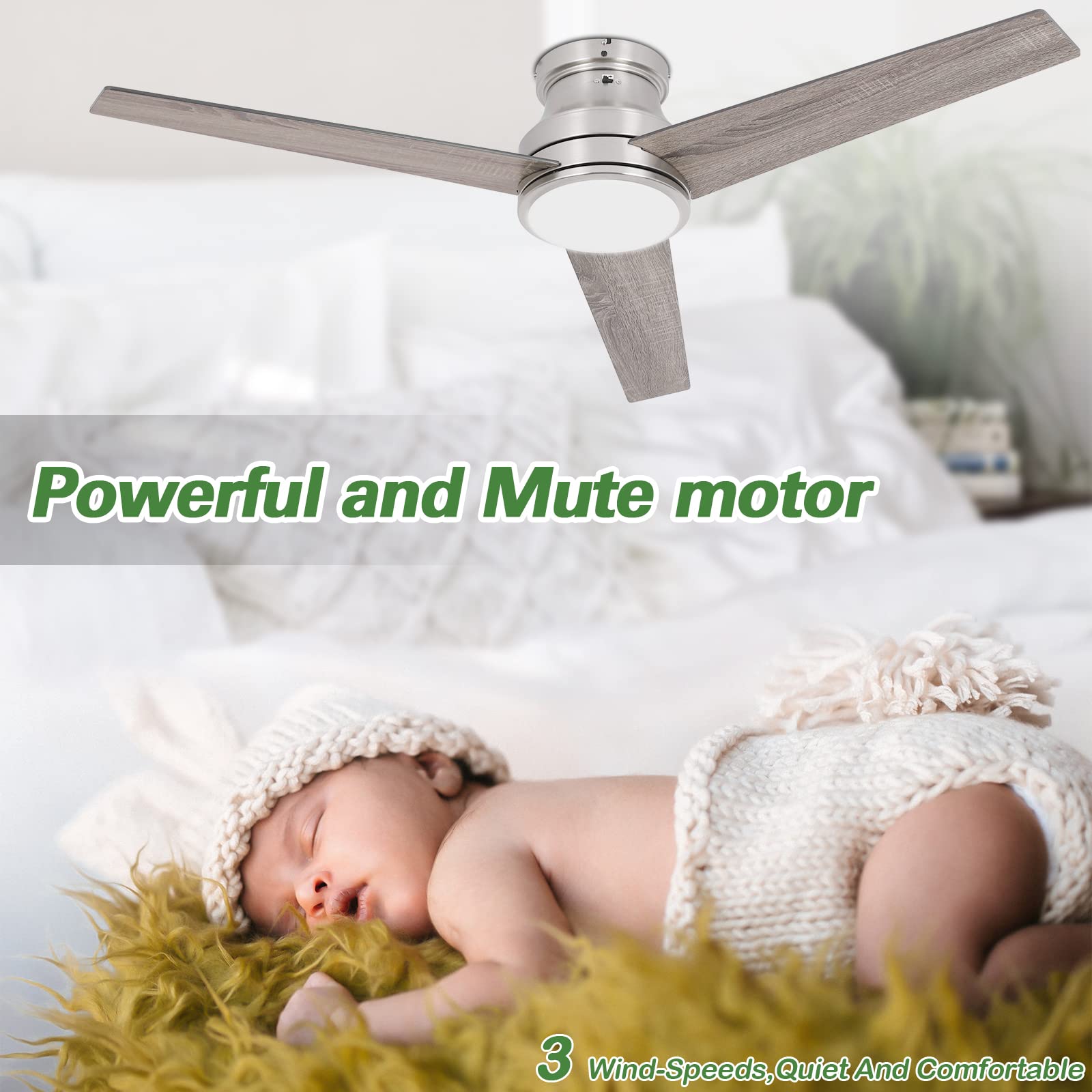 hykolity 52 inch Flush Mount Ceiling Fan with LED Lights(3000K/4000K/5000K) Remote Control, Noiseless Reversible Motor, Low Profile Ceiling Fan, 3 Speed, ETL, DOE, CEC Listed, Brushed Nickel