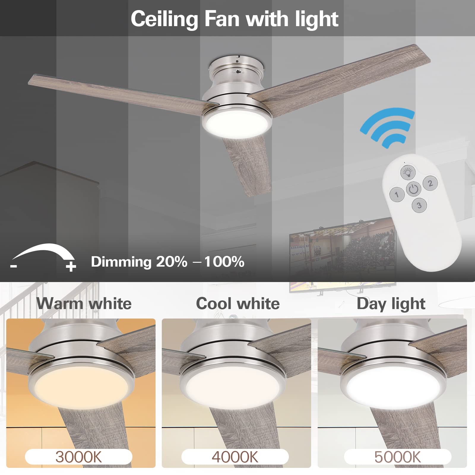 hykolity 52 inch Flush Mount Ceiling Fan with LED Lights(3000K/4000K/5000K) Remote Control, Noiseless Reversible Motor, Low Profile Ceiling Fan, 3 Speed, ETL, DOE, CEC Listed, Brushed Nickel