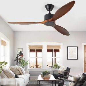 munjun 52inch wood ceiling fan without light remote control,dc motor noiseless low profile reversible ceiling fan with 3 blades indoor outdoor for patio,bedroom,living room(deep walnut blades)