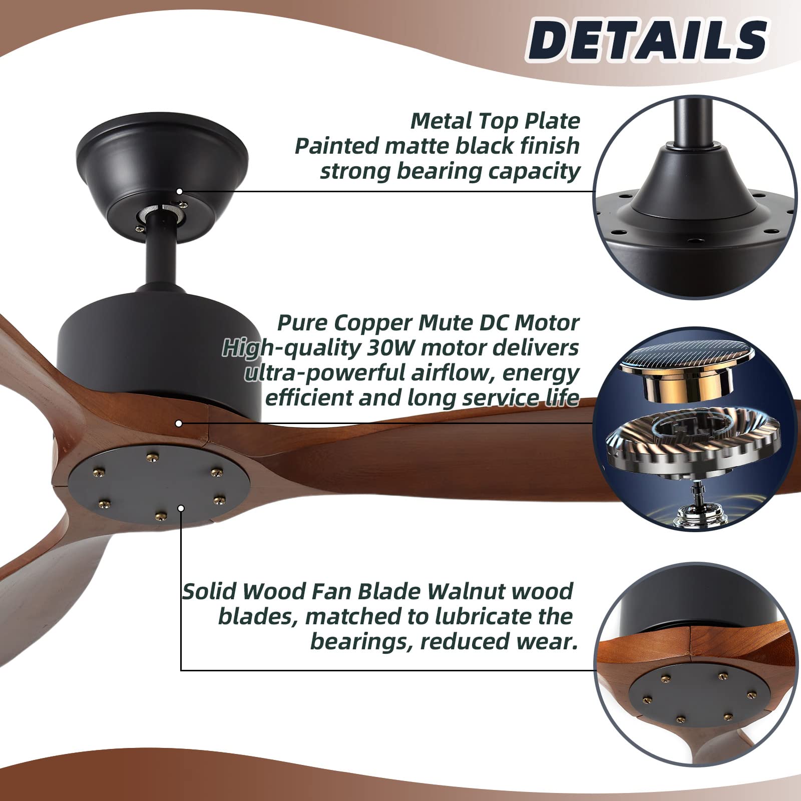 MUNJUN 52inch Wood Ceiling Fan without Light Remote Control,DC Motor Noiseless Low Profile Reversible Ceiling Fan with 3 Blades Indoor Outdoor for Patio,Bedroom,Living Room(Deep Walnut Blades)