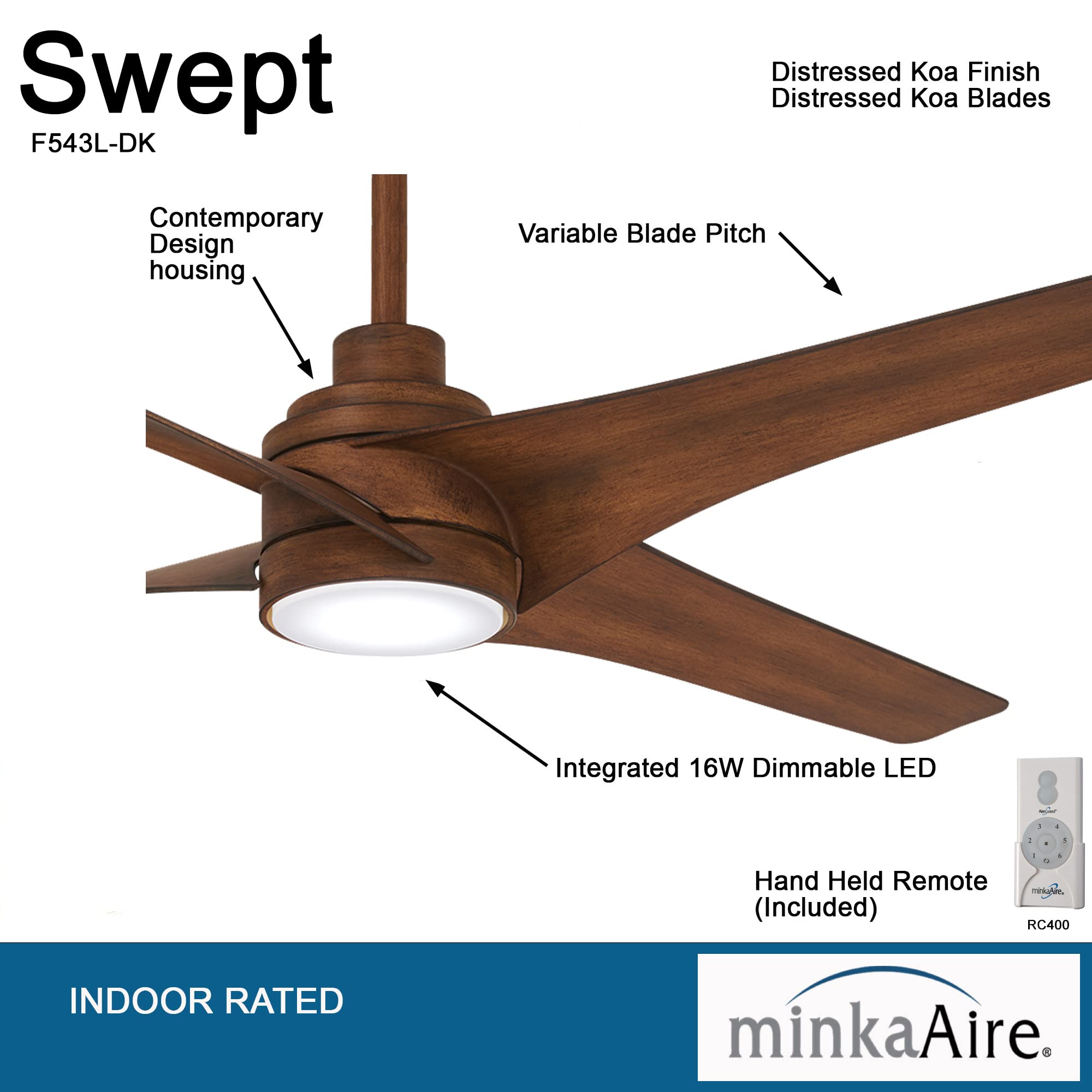 MINKA-AIRE F543L-DK Swept 56 Inch Ceiling Fan with Integrated 20W LED Dimmable Light in Distressed Koa Finish