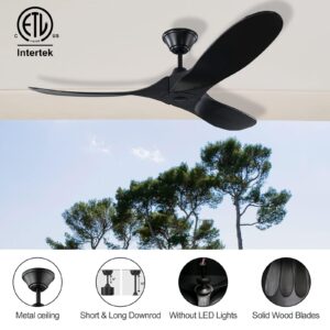 YCGU 60'' Black Ceiling Fan No Light, Outdoor Indoor Wood Ceiling Fan with Remote Control, 3 Solid Wood Blades, Noiseless Reversible Motor, 6-Speed, Easy Install System (60-Inch, Matte Black)