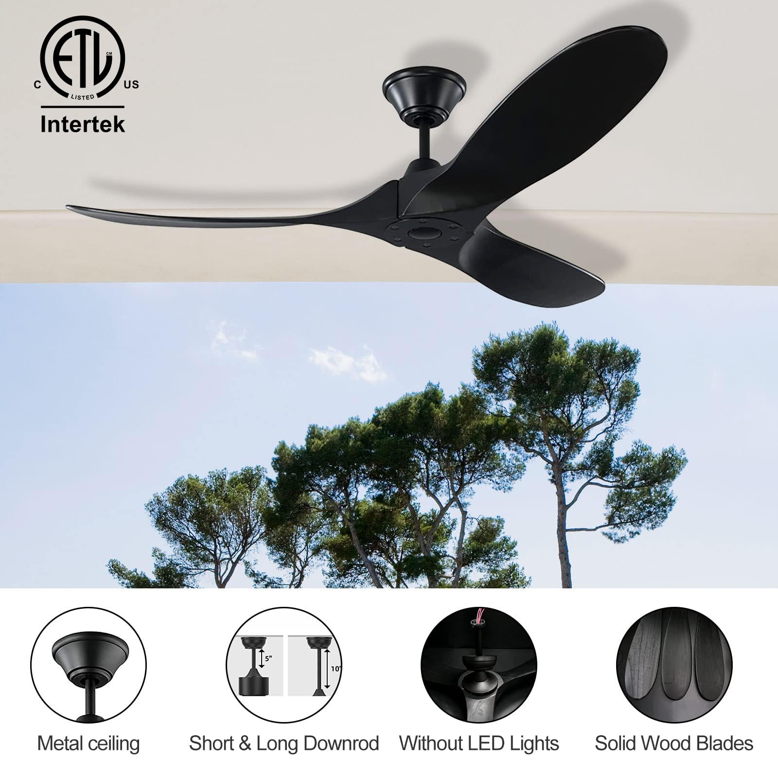 YCGU 60'' Black Ceiling Fan No Light, Outdoor Indoor Wood Ceiling Fan with Remote Control, 3 Solid Wood Blades, Noiseless Reversible Motor, 6-Speed, Easy Install System (60-Inch, Matte Black)