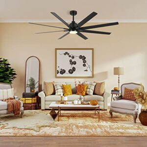 cjoy 72 inch large ceiling fans with lights and remote, black modern ceiling fan for patio 8 blades, 6-speed, reversible dc motor, dimmable led, ceiling fan with 12" & 24" downrod, indoor/outdoor