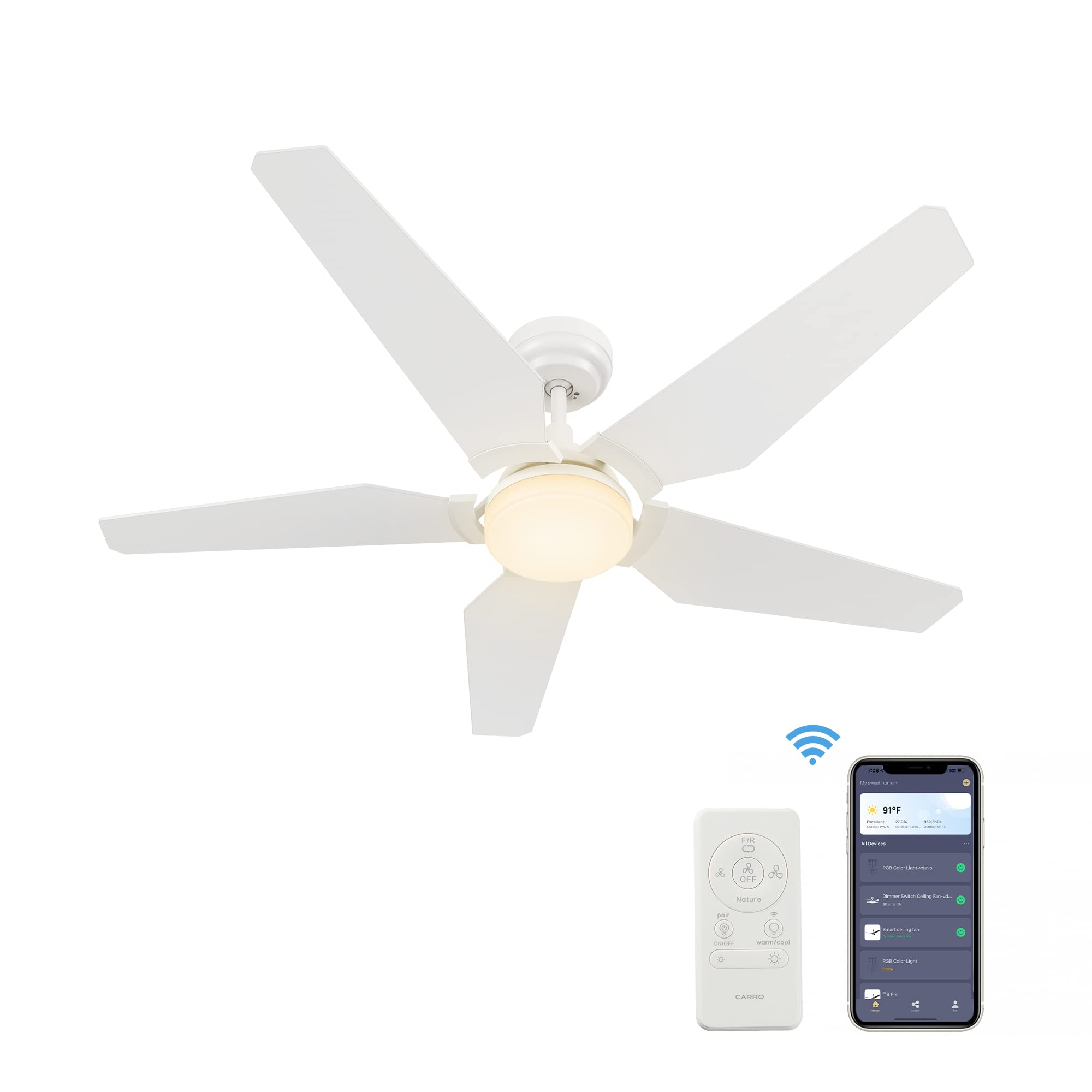 SMAAIR 52 inch Smart Ceiling Fan with Light, 5 Blades Low Profile Ceiling Fan with 10 speed DC Motor and Dimmable LED Light, works with APP/Alexa/Google Assistant/Siri Shortcuts (White)