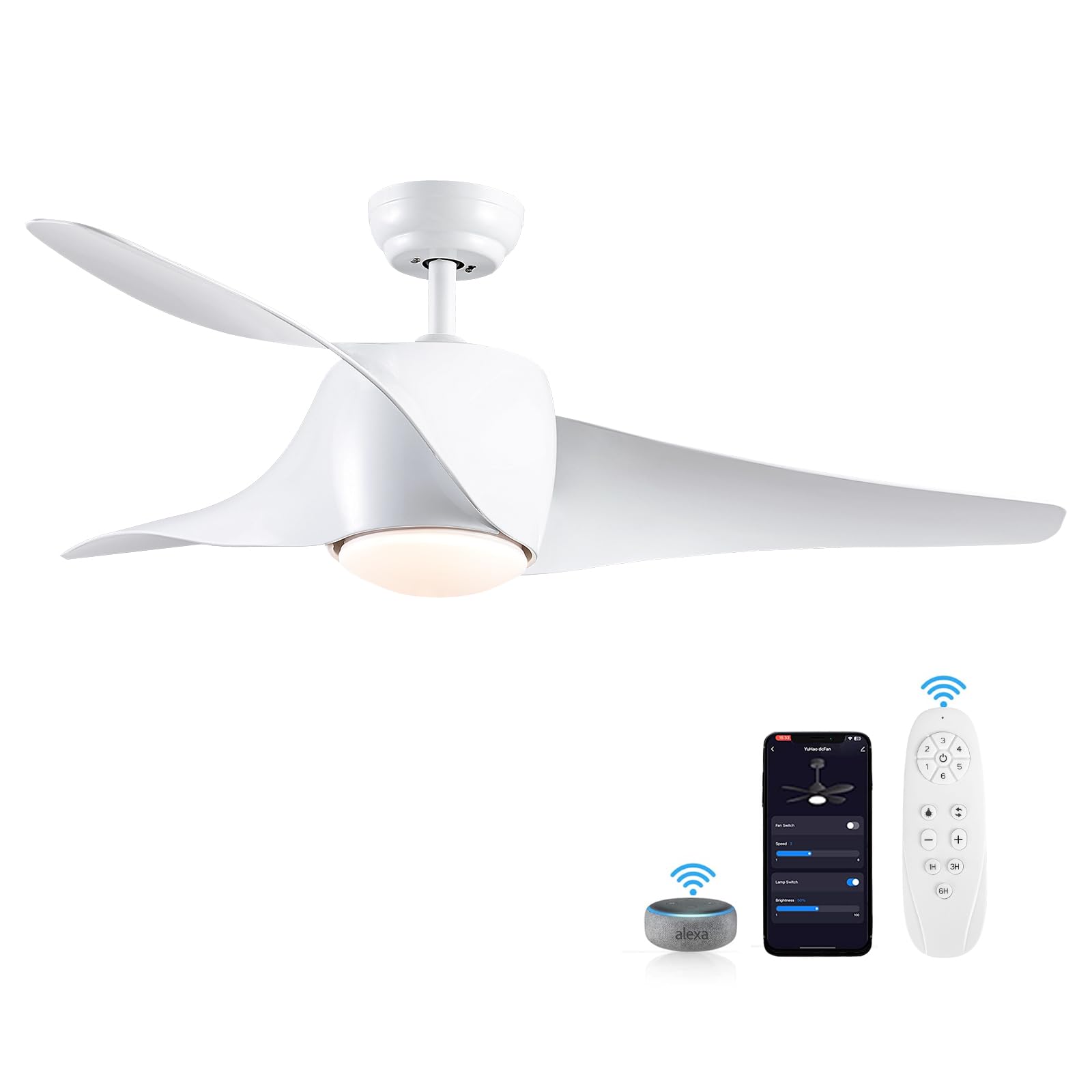 SNJ Smart Ceiling Fans with Lights and Remote, 52" White Ceiling Fan with Light, Modern Ceiling Fans with Remote/APP/Alexa Control, 3 Reversible Blades, Dimmable, Ceiling Fan for Bedroom Dining Room