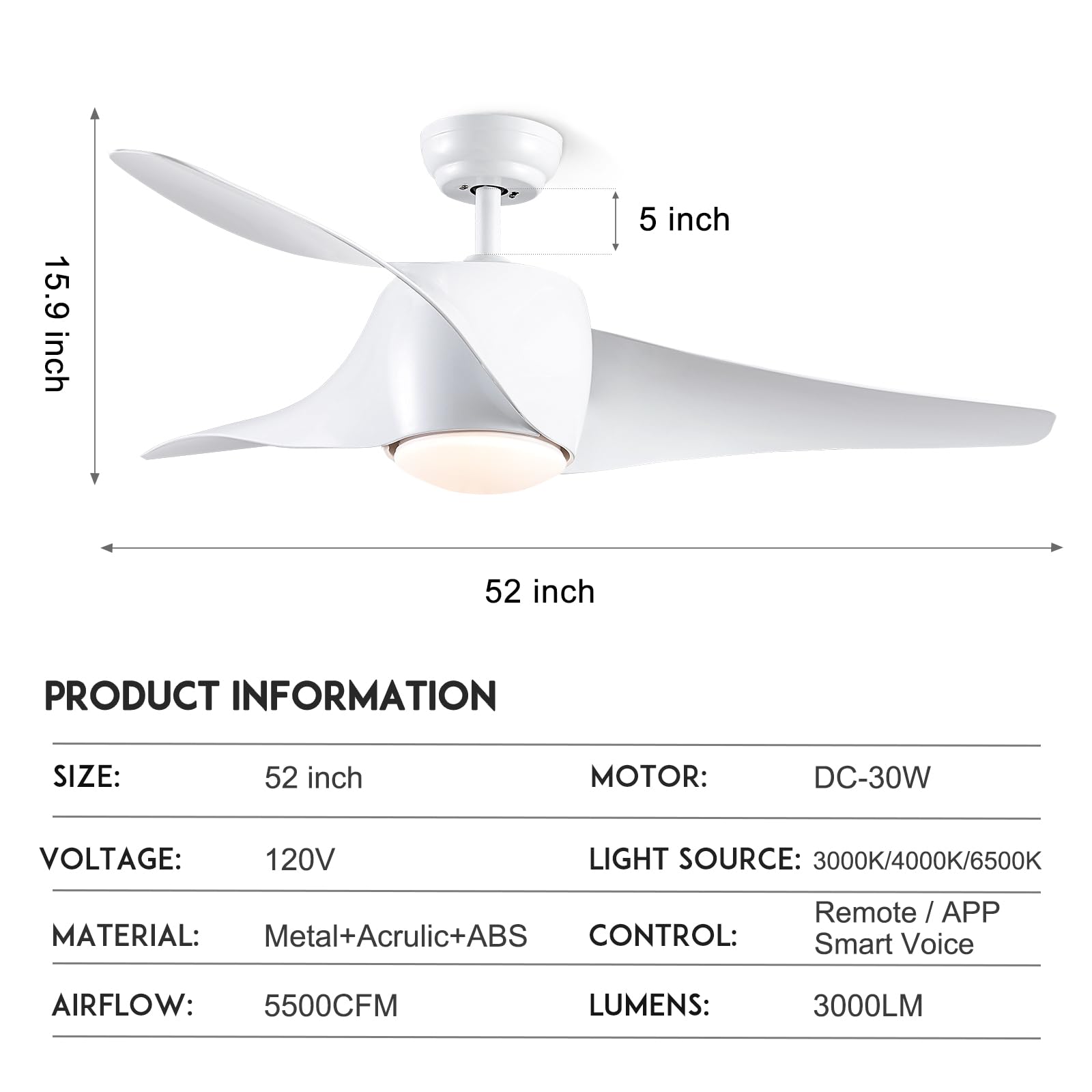 SNJ Smart Ceiling Fans with Lights and Remote, 52" White Ceiling Fan with Light, Modern Ceiling Fans with Remote/APP/Alexa Control, 3 Reversible Blades, Dimmable, Ceiling Fan for Bedroom Dining Room