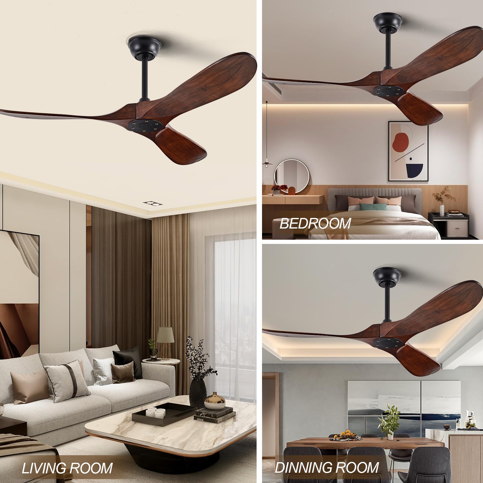 FISHMIX 60 Inch Ceiling Fans without Lights, Solid Wood Ceiling Fan No Light with Remote Control Indoor Outdoor Ceiling Fans for Patios, Living Room, Bedroom, Farmhouse and Gazebo, Deep Walnut