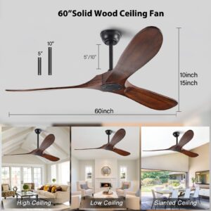 FISHMIX 60 Inch Ceiling Fans without Lights, Solid Wood Ceiling Fan No Light with Remote Control Indoor Outdoor Ceiling Fans for Patios, Living Room, Bedroom, Farmhouse and Gazebo, Deep Walnut