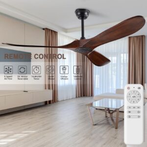 FISHMIX 60 Inch Ceiling Fans without Lights, Solid Wood Ceiling Fan No Light with Remote Control Indoor Outdoor Ceiling Fans for Patios, Living Room, Bedroom, Farmhouse and Gazebo, Deep Walnut