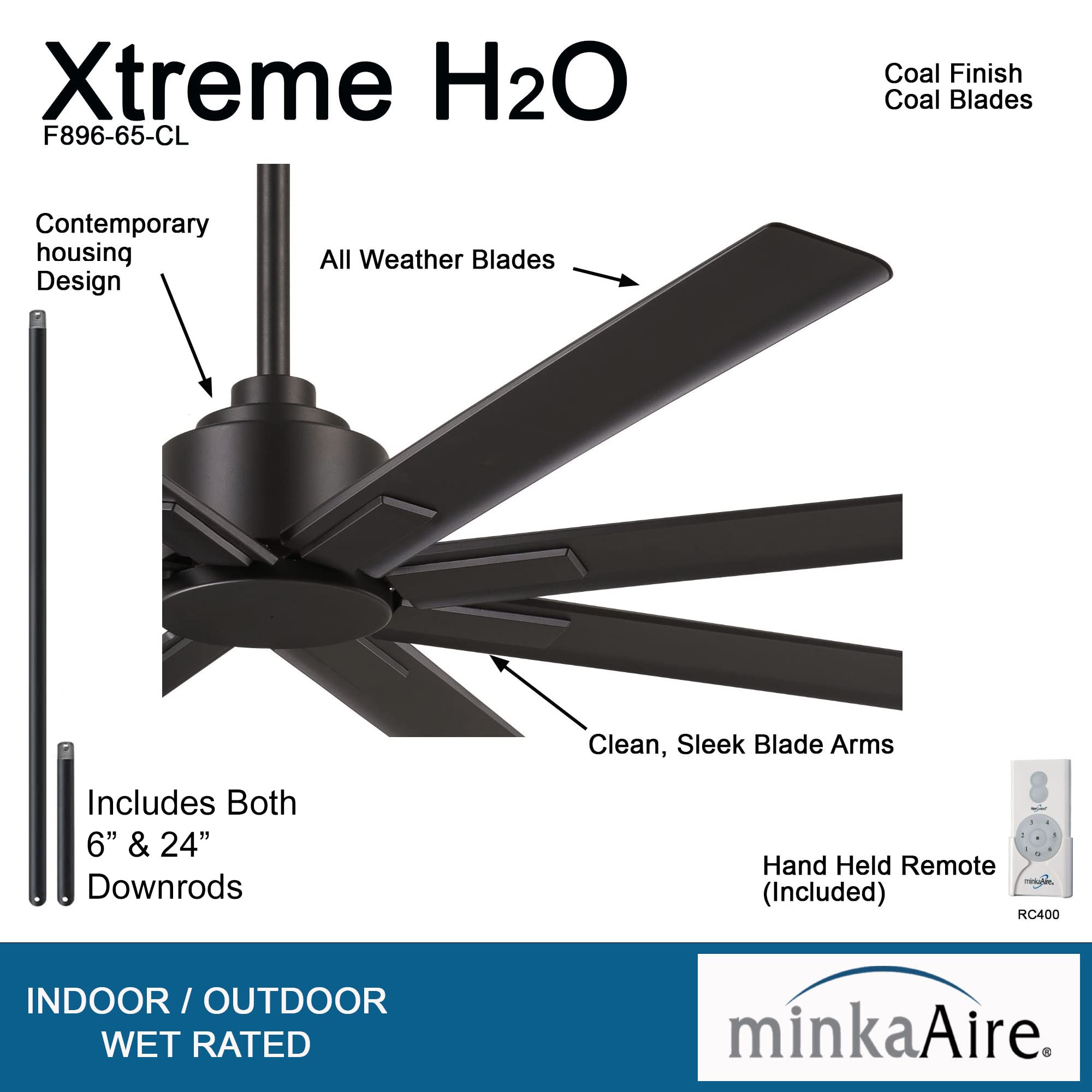 MINKA-AIRE F896-65-CL, Xtreme H2O 65" Ceiling Fan in Coal Finish with Remote and Additional 24" Downrod………