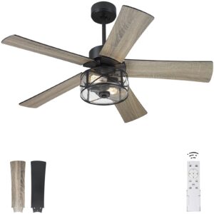 youkain farmhouse ceiling fans, 48 inch industrial ceiling fan with light and remote control, clear glass, 5-reversible blades with matte black/wooden finish, 52-yj632