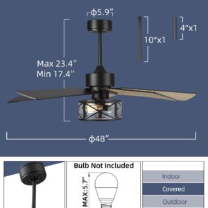 YOUKAIN Farmhouse Ceiling Fans, 48 Inch Industrial Ceiling Fan with Light and Remote Control, Clear Glass, 5-Reversible Blades with Matte Black/Wooden Finish, 52-YJ632