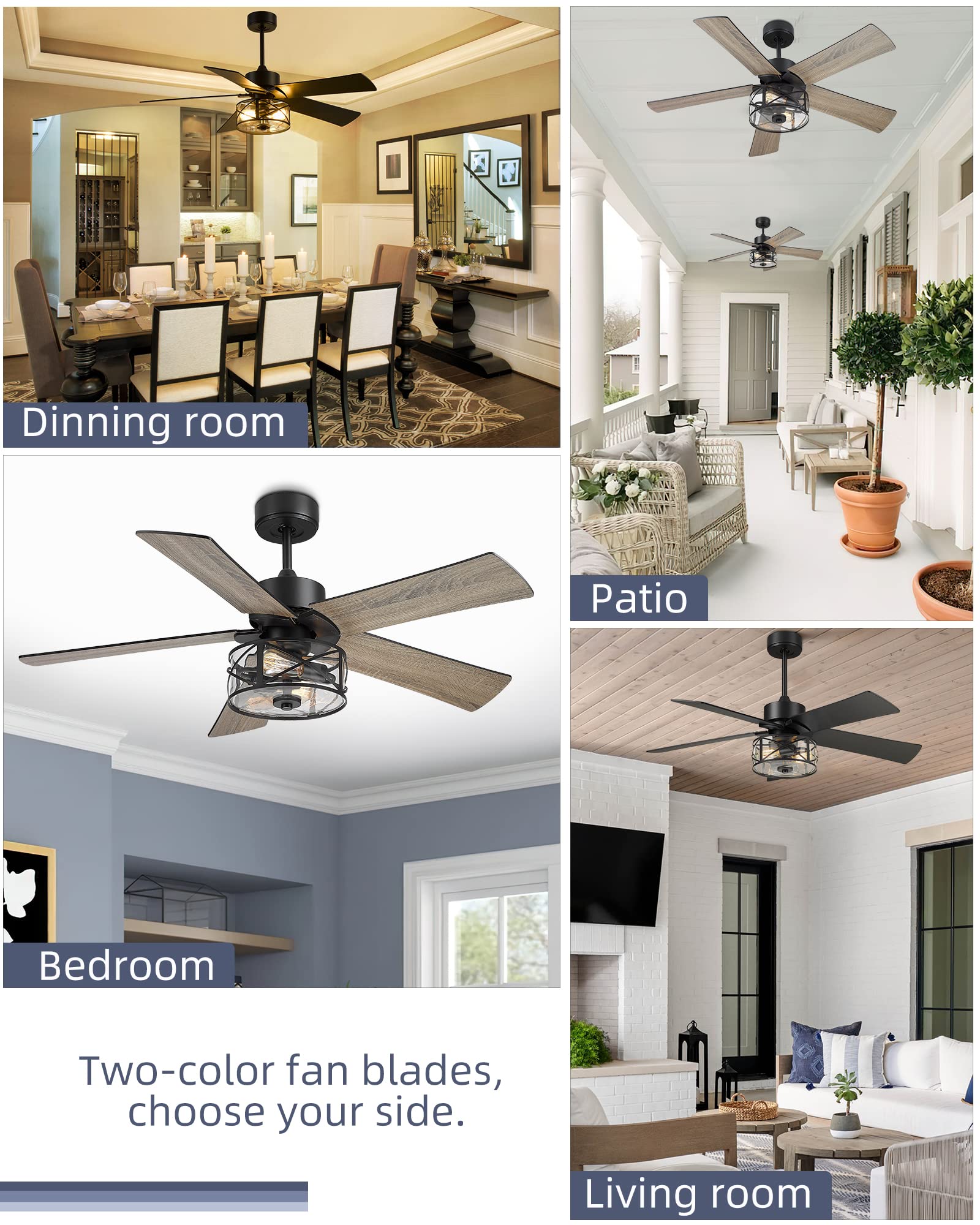 YOUKAIN Farmhouse Ceiling Fans, 48 Inch Industrial Ceiling Fan with Light and Remote Control, Clear Glass, 5-Reversible Blades with Matte Black/Wooden Finish, 52-YJ632