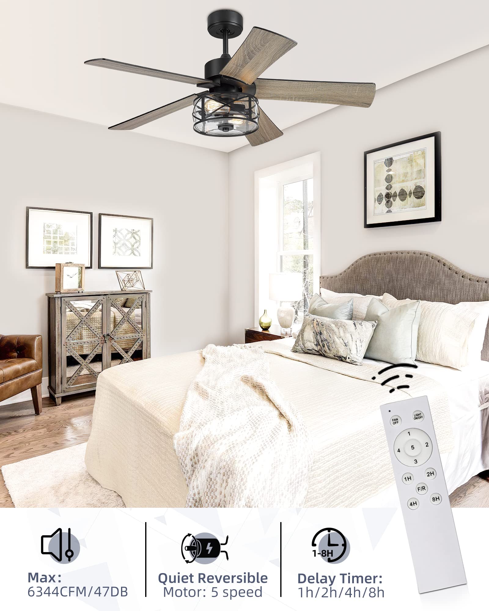 YOUKAIN Farmhouse Ceiling Fans, 48 Inch Industrial Ceiling Fan with Light and Remote Control, Clear Glass, 5-Reversible Blades with Matte Black/Wooden Finish, 52-YJ632