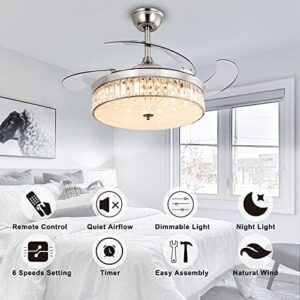 Ohniyou 42" Retractable Ceiling Fan with Light and Remote,Crystal Chandelier Ceiling Fan for Bedroom Living Room Indoor (Chrome Silver)