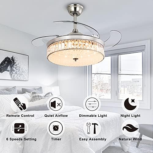 Ohniyou 42" Retractable Ceiling Fan with Light and Remote,Crystal Chandelier Ceiling Fan for Bedroom Living Room Indoor (Chrome Silver)