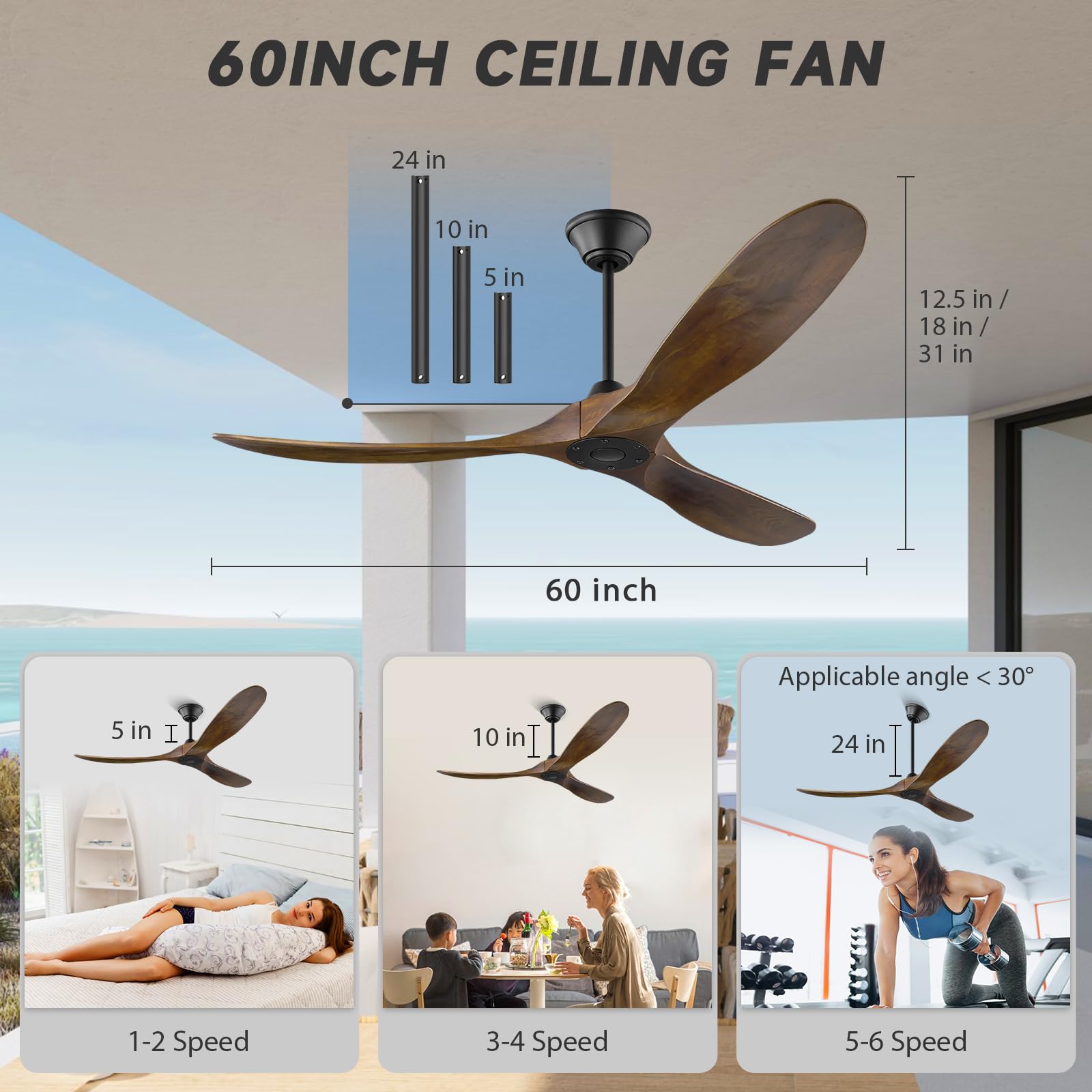 HDLWIS 60Inch Wood Ceiling Fan without Light, 3 Blade 6 Speed Quiet Reversible DC Motor Ceiling fan with Remote Control, Large Outdoor Ceiling Fans for Patios Outside Farmhouse, 5/10/24In Down-rod