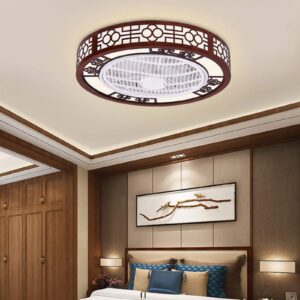 22 Inch Ceiling Fan with Light and Remote Control,Modern Flush Mounted LED Acrylic Ceiling Lamp,Chinese Solid Wood Fan Ceiling Light,Rustic Enclosed Ceiling Fan,64W (Round)