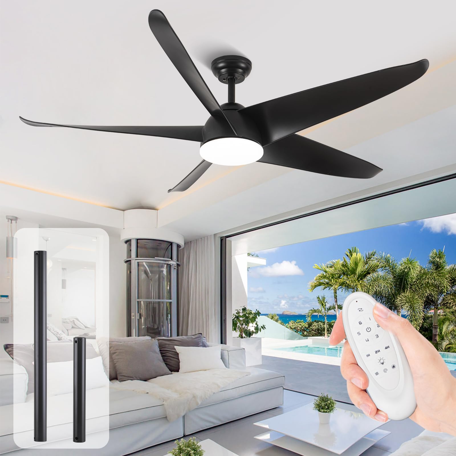 YZEENM 60 Inch Black Ceiling Fan with Light, Modern Outdoor Patios Ceiling Fan Farmhouse Style 5-Blades Ceiling Fans with Remote, 6-Speed, Reversible DC Motor for Bedroom, Living Room, Dining Room