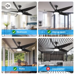 YZEENM 60 Inch Black Ceiling Fan with Light, Modern Outdoor Patios Ceiling Fan Farmhouse Style 5-Blades Ceiling Fans with Remote, 6-Speed, Reversible DC Motor for Bedroom, Living Room, Dining Room