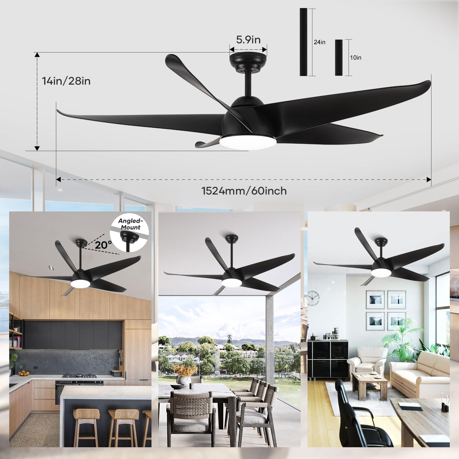 YZEENM 60 Inch Black Ceiling Fan with Light, Modern Outdoor Patios Ceiling Fan Farmhouse Style 5-Blades Ceiling Fans with Remote, 6-Speed, Reversible DC Motor for Bedroom, Living Room, Dining Room