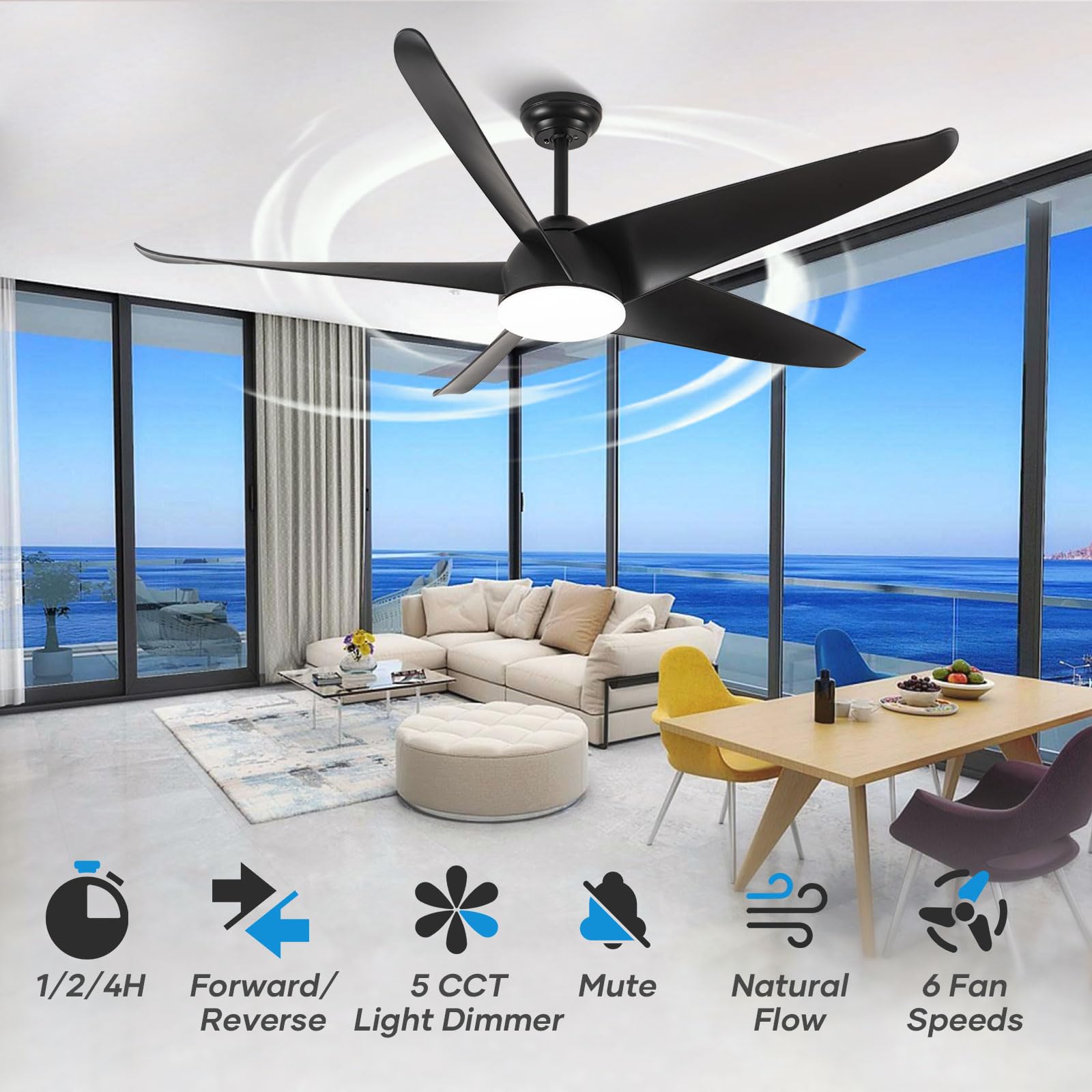 YZEENM 60 Inch Black Ceiling Fan with Light, Modern Outdoor Patios Ceiling Fan Farmhouse Style 5-Blades Ceiling Fans with Remote, 6-Speed, Reversible DC Motor for Bedroom, Living Room, Dining Room