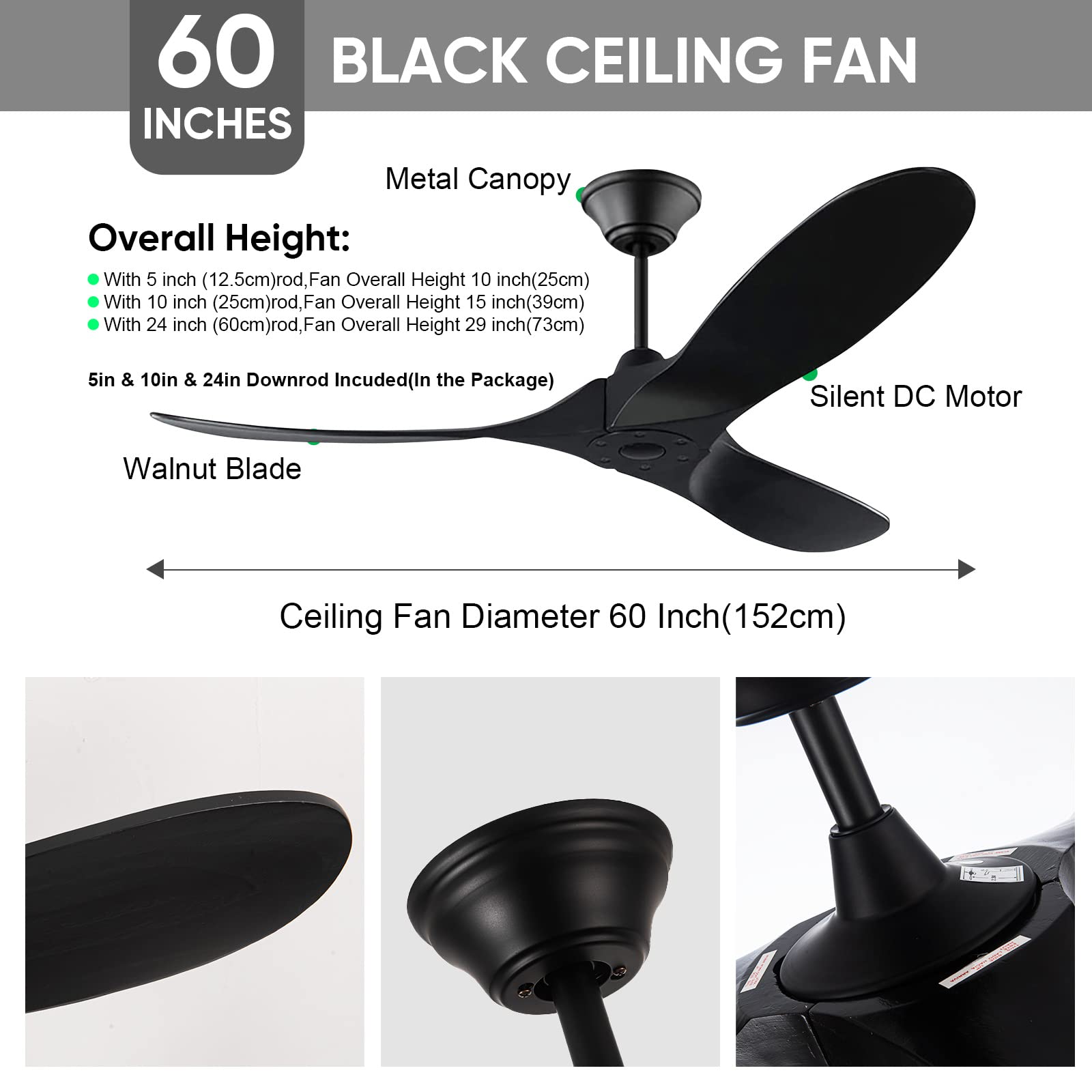 YZEENM 60 Inch Black Ceiling Fan Without Lights, Indoor Outdoor Ceiling Fans for Patios with Remote Control, 6 Speed Reversible Silent DC Motor, Modern Farmhouse 3 Blades Wood Ceiling Fan No Light