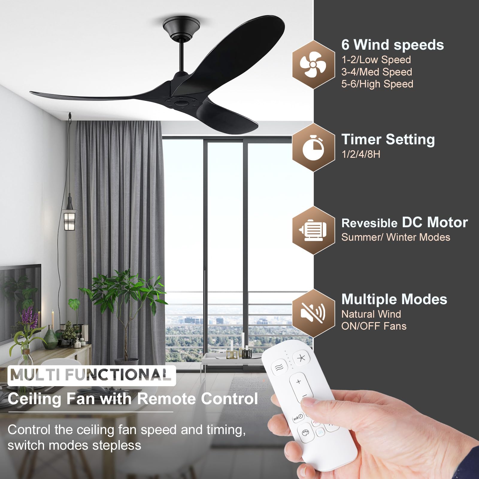 YZEENM 60 Inch Black Ceiling Fan Without Lights, Indoor Outdoor Ceiling Fans for Patios with Remote Control, 6 Speed Reversible Silent DC Motor, Modern Farmhouse 3 Blades Wood Ceiling Fan No Light