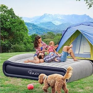 Evajoy Queen Air Mattress with Built-in Pump, Inflatable Air Mattress with Integrated Pillow, Fast Inflation/Deflation, Airbed with Thickened PVC Build, Waterproof Flocking, for Home, Camping, Guests