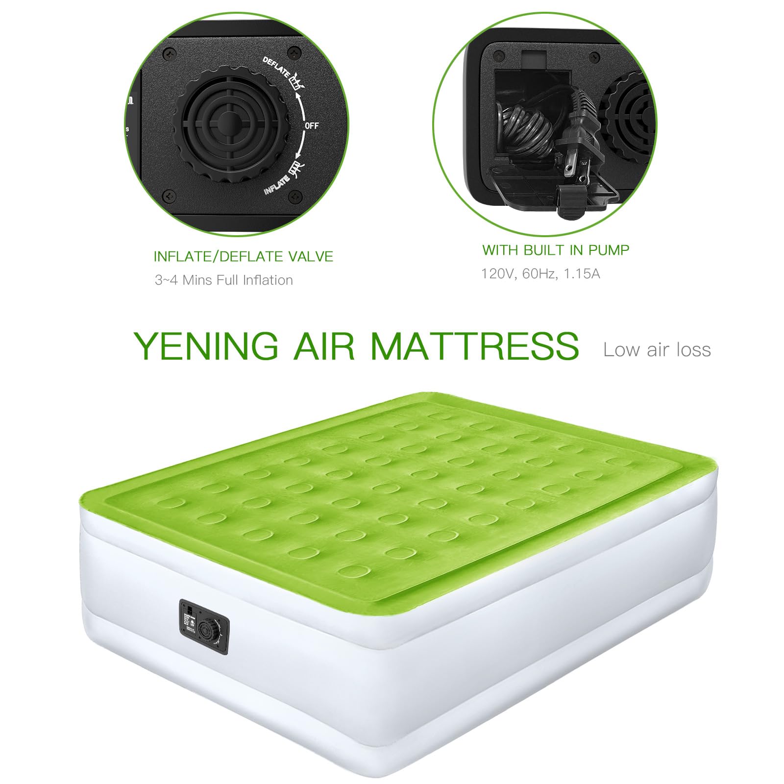 YENING Queen Size Air Mattress with Built in Pump 18 Inch Inflatable Bed Heavy Duty Blow up Matress Camping Airbed with Storage Bag