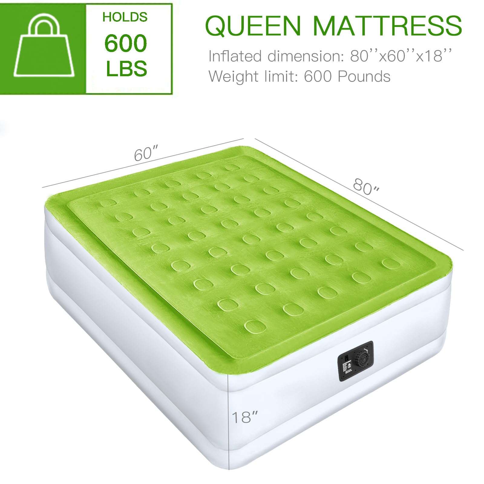 YENING Queen Size Air Mattress with Built in Pump 18 Inch Inflatable Bed Heavy Duty Blow up Matress Camping Airbed with Storage Bag