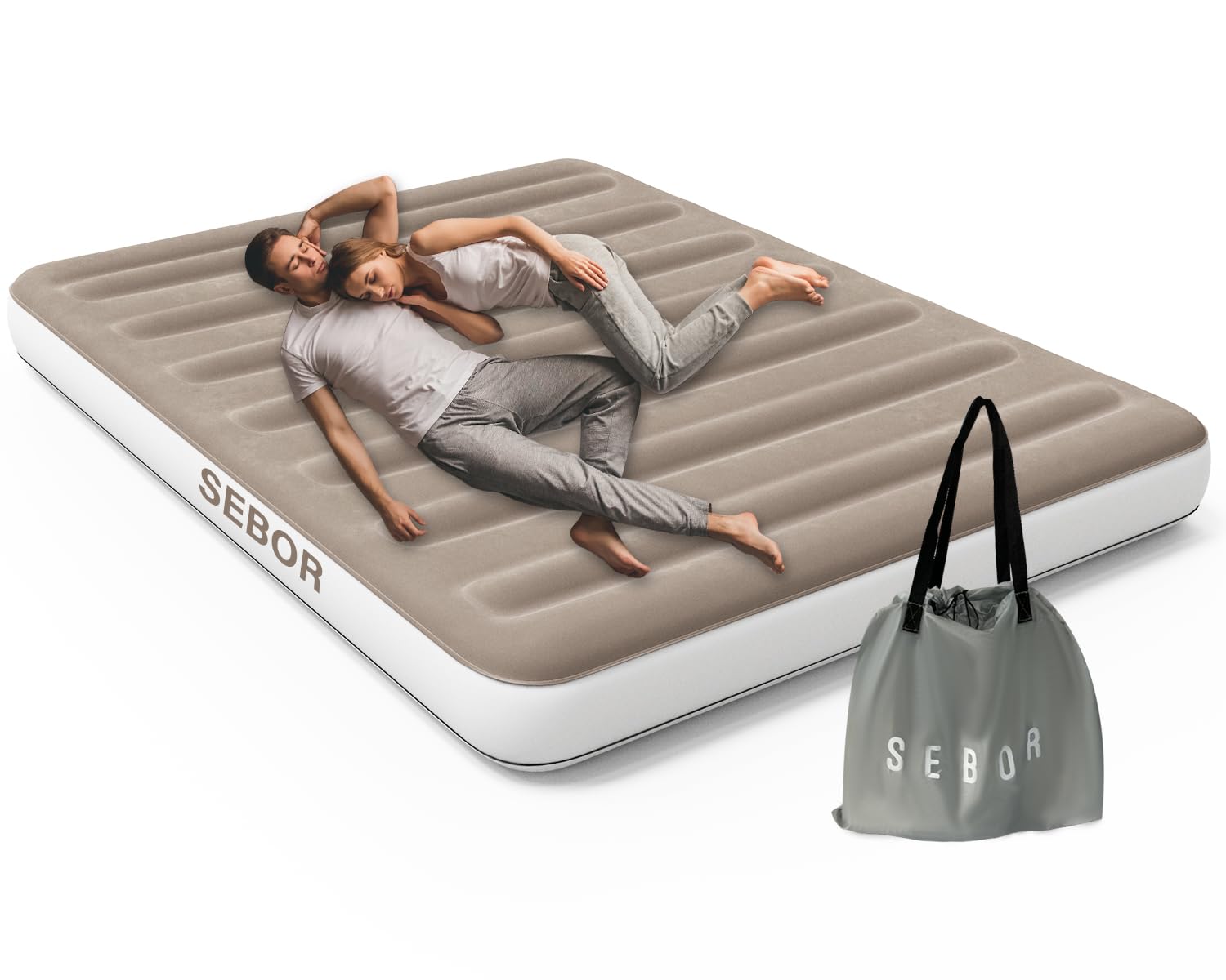 Sebor Camping Air Mattress Queen, Height 9" Durable Queen Airbed, Inflatable Blow Up Mattress Raised Airbed with Storage Bag, Portable Air Bed for Camping Travel and Home, 660 lb MAX (No Pump)