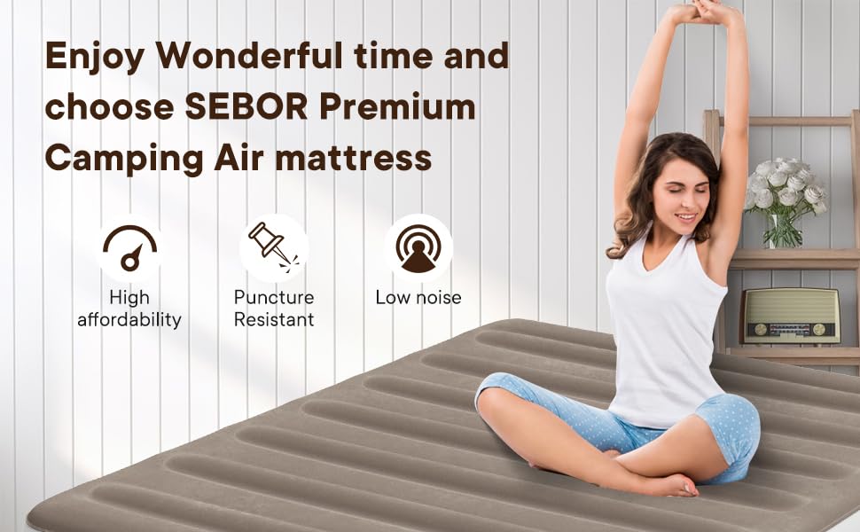 Sebor Camping Air Mattress Queen, Height 9" Durable Queen Airbed, Inflatable Blow Up Mattress Raised Airbed with Storage Bag, Portable Air Bed for Camping Travel and Home, 660 lb MAX (No Pump)