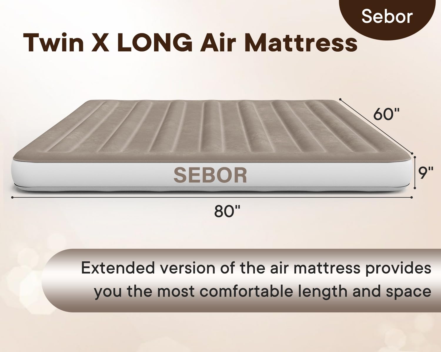 Sebor Camping Air Mattress Queen, Height 9" Durable Queen Airbed, Inflatable Blow Up Mattress Raised Airbed with Storage Bag, Portable Air Bed for Camping Travel and Home, 660 lb MAX (No Pump)