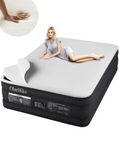 olarhike signature collection queen air mattress with built in pump,18” luxury air mattress with silk foam topper for camping, home & guests, fast & easy inflation/deflation airbed black