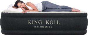 king koil luxury pillow top plush queen air mattress with high-speed built-in pump, blow up bed top side flocking, puncture resistant, double high inflatable airbed guests or travel 1-year warranty