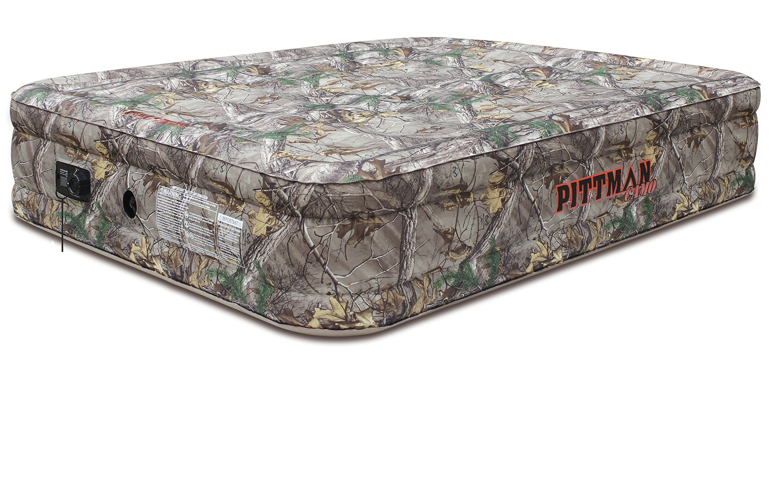 Pittman Outdoors Airbedz Air Mattress - Indoor Outdoor Waterproof Bed, Built-in Rechargeable Battery Air Pump, Queen Size, 16-inches Tall, Realtree Camo, Carry Bag and Patch Kit Included