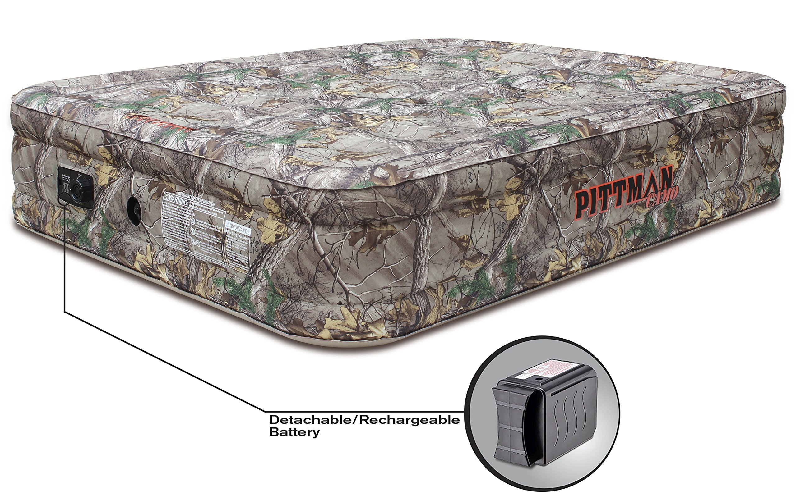 Pittman Outdoors Airbedz Air Mattress - Indoor Outdoor Waterproof Bed, Built-in Rechargeable Battery Air Pump, Queen Size, 16-inches Tall, Realtree Camo, Carry Bag and Patch Kit Included