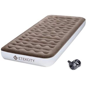 etekcity upgraded camping air mattress, queen twin airbed height 9", inflatable bed blow up mattress raised airbed with rechargeable pump, 2-year warranty, storage bag,brown