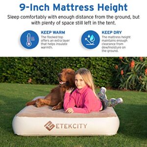 Etekcity Upgraded Camping Air Mattress, Queen Twin Airbed Height 9", Inflatable Bed Blow Up Mattress Raised Airbed with Rechargeable Pump, 2-Year Warranty, Storage Bag,Brown