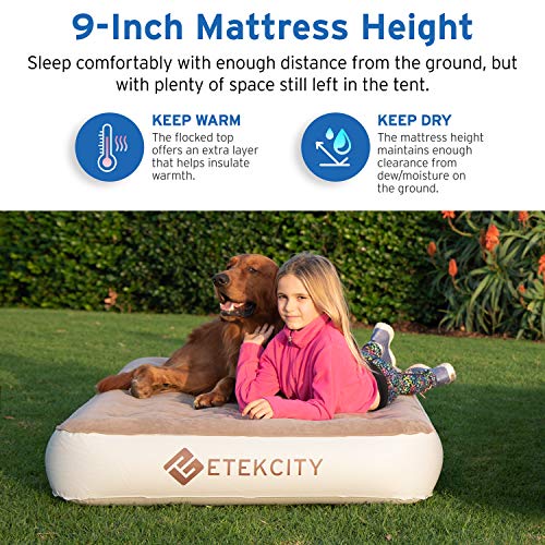 Etekcity Upgraded Camping Air Mattress, Queen Twin Airbed Height 9", Inflatable Bed Blow Up Mattress Raised Airbed with Rechargeable Pump, 2-Year Warranty, Storage Bag,Brown